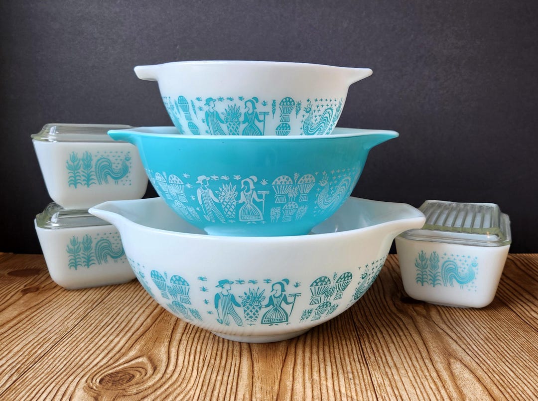 1960 Vintage Pyrex Amish Butterprint Cinderella Bowls + Fridgie Set ...