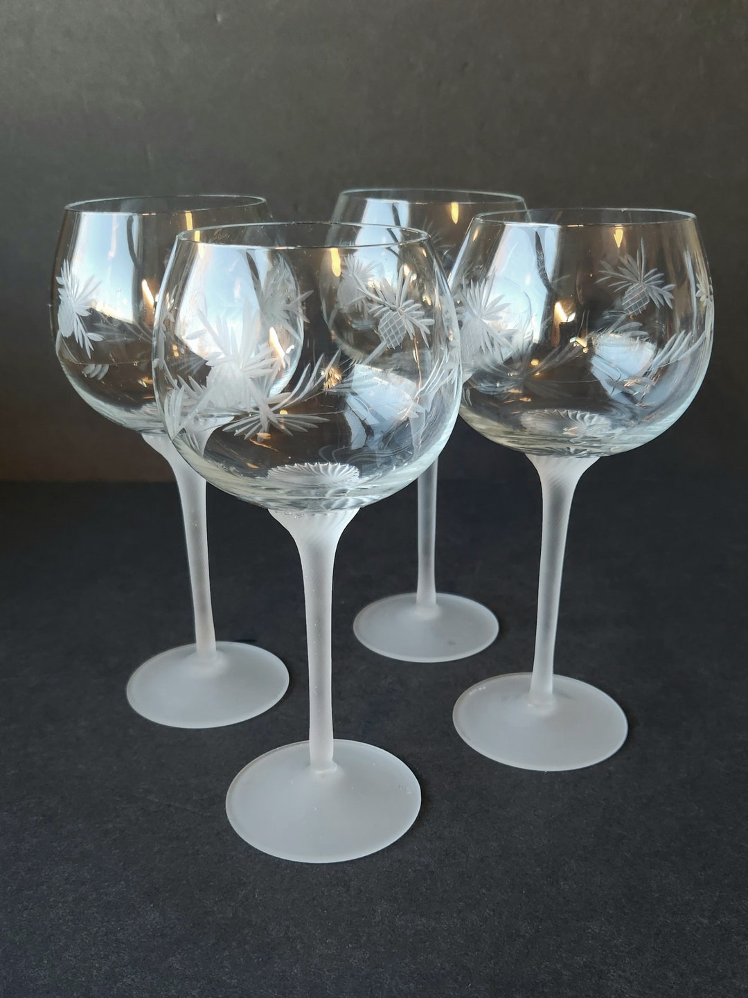 Unique Etched Thistle Frosted Twist Stem Wine Glass Set - Etsy