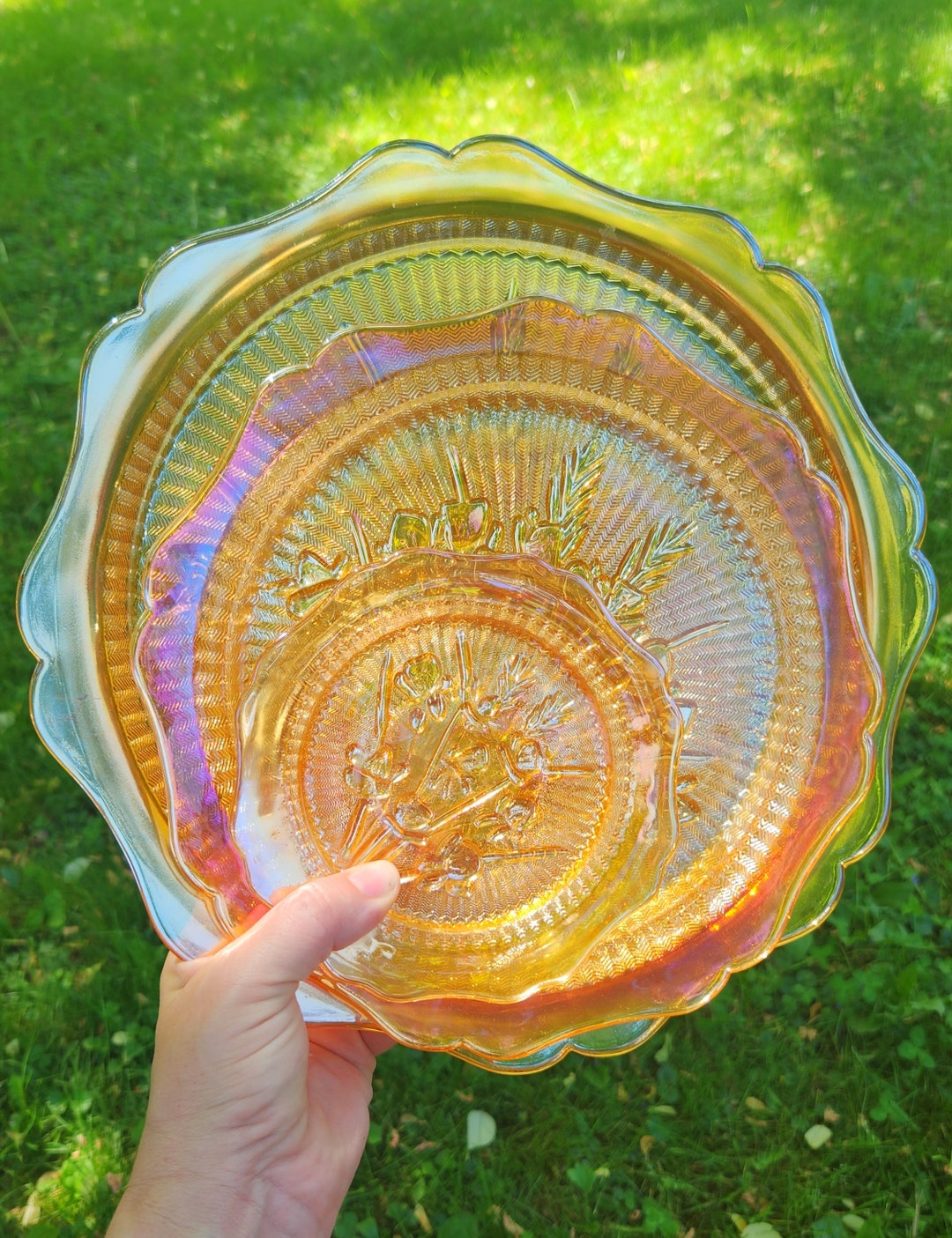 Vintage Marigold Carnival Depression Glass Iris & Herringbone Plates ...