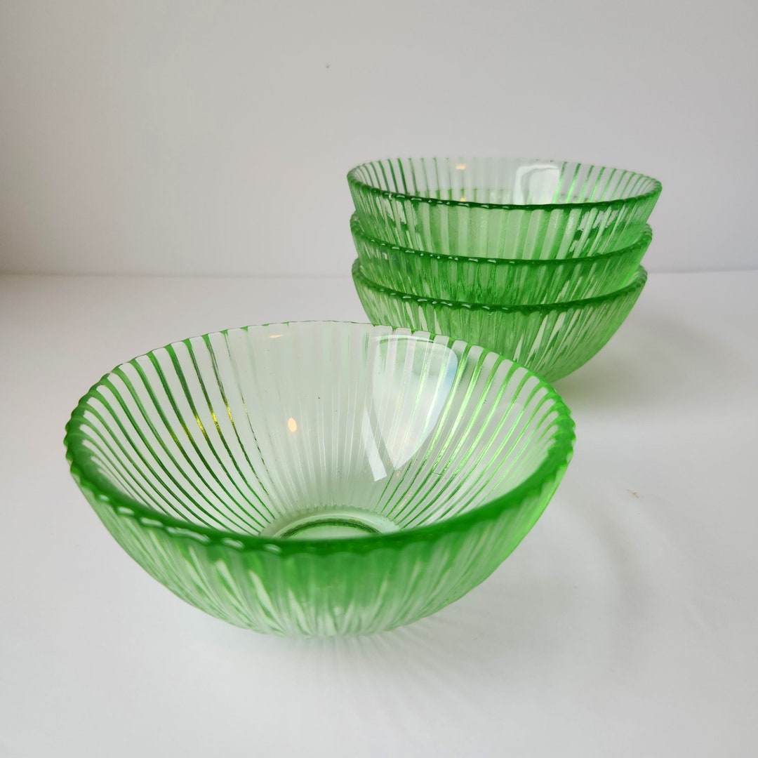 Set (4) Ribbed Neon Glow Green Glass Bowls - Etsy