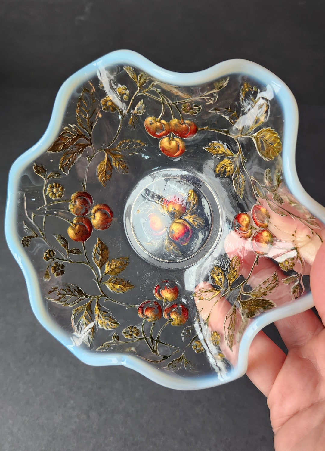 Antique Cherries Pattern Goofus Glass Small Ruffled Bowl - Etsy