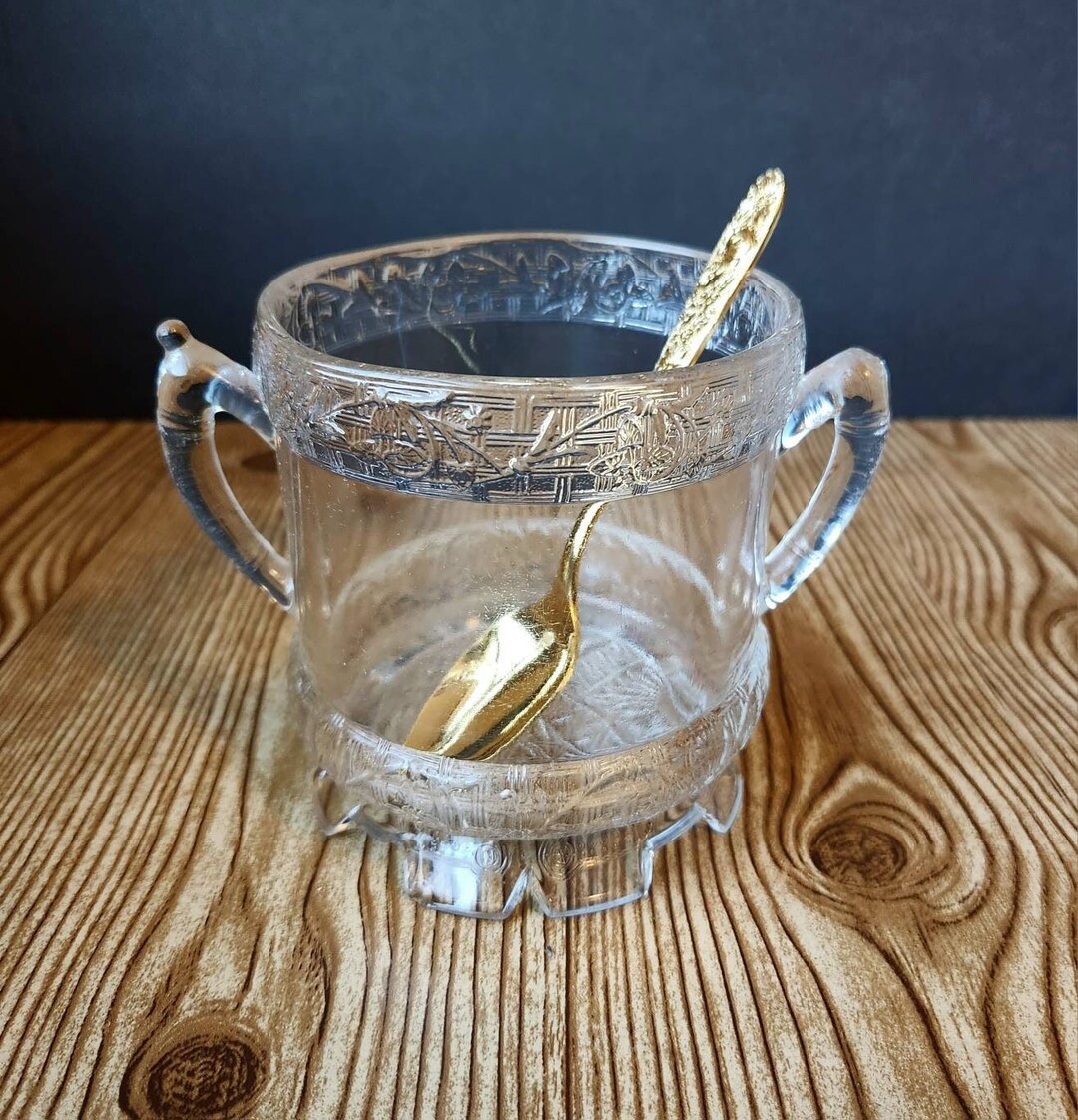 EAPG Antique Pressed Glass Handled Cup Spooner Basketweave Vines Band ...
