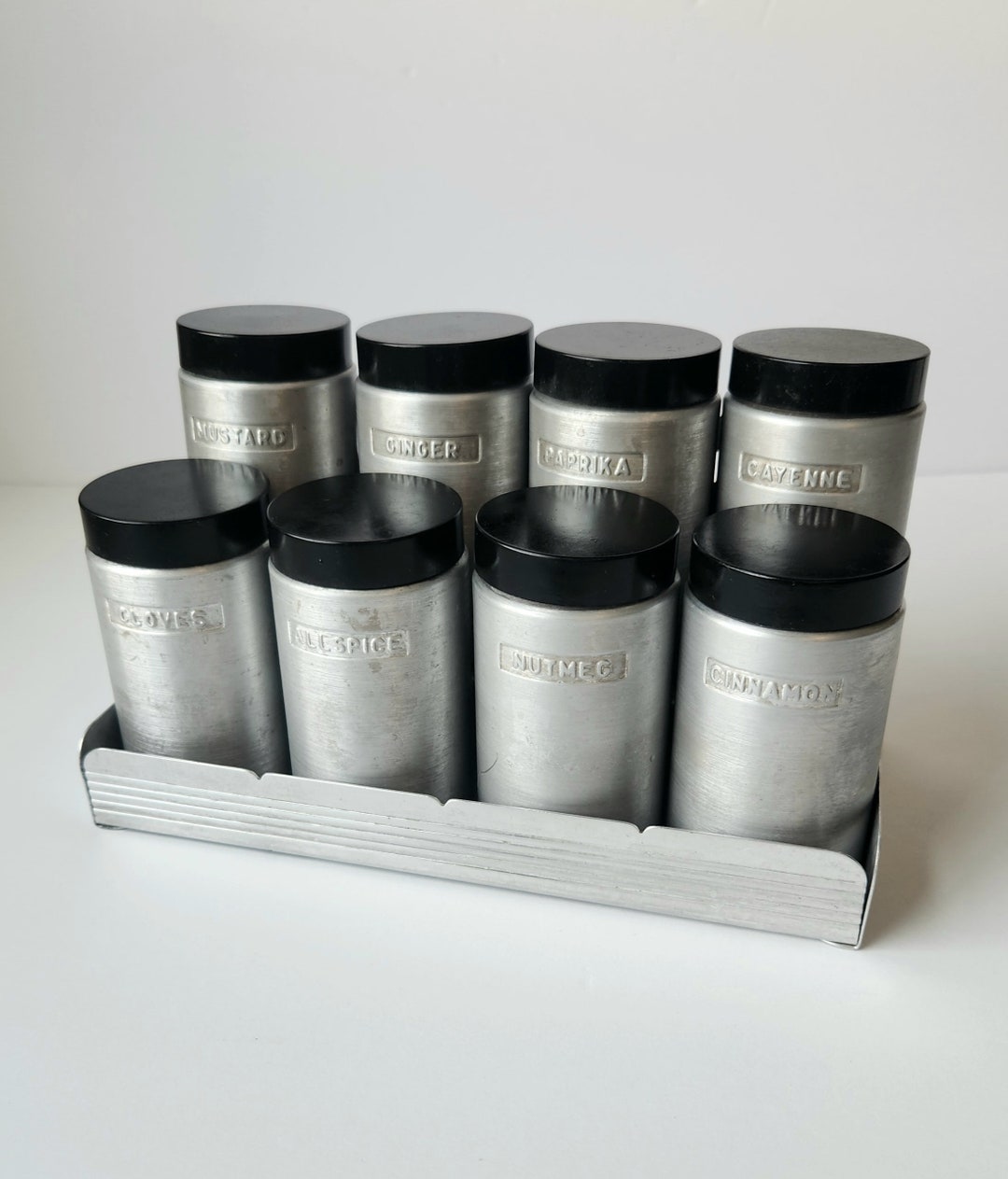 Kromex Spun Aluminum Spice Jars With Rack Set of 8 | Mid-century ...