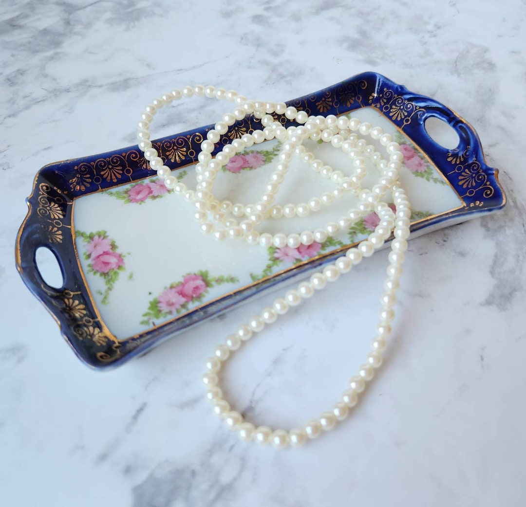 Antique Nippon Cobalt Flow Blue Hand Painted Pink Flowers Rectangular ...