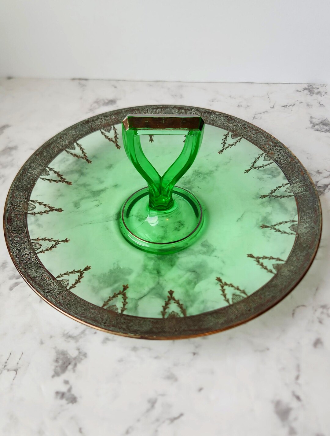 Beautiful Uranium Glow Green Depression Glass Handled Server Silver ...