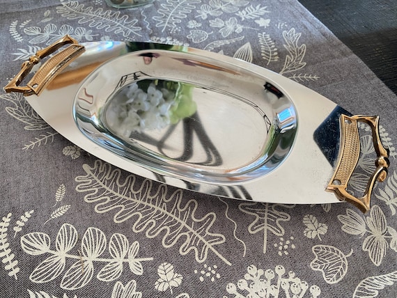 KROMEX Metal Serving Tray With Stylized Brass Handles. Mid | Etsy