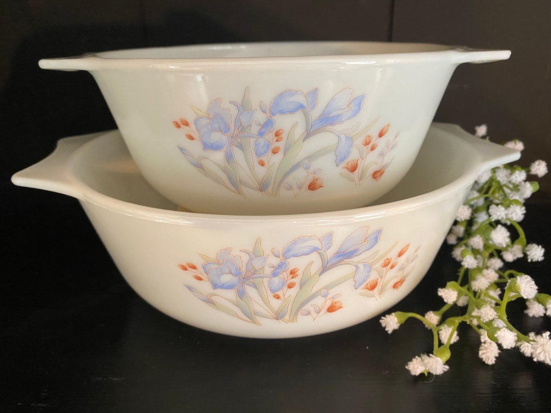 English Pyrex Blue Iris Casserole Dish Set (2) With No Lids. Vintage ...