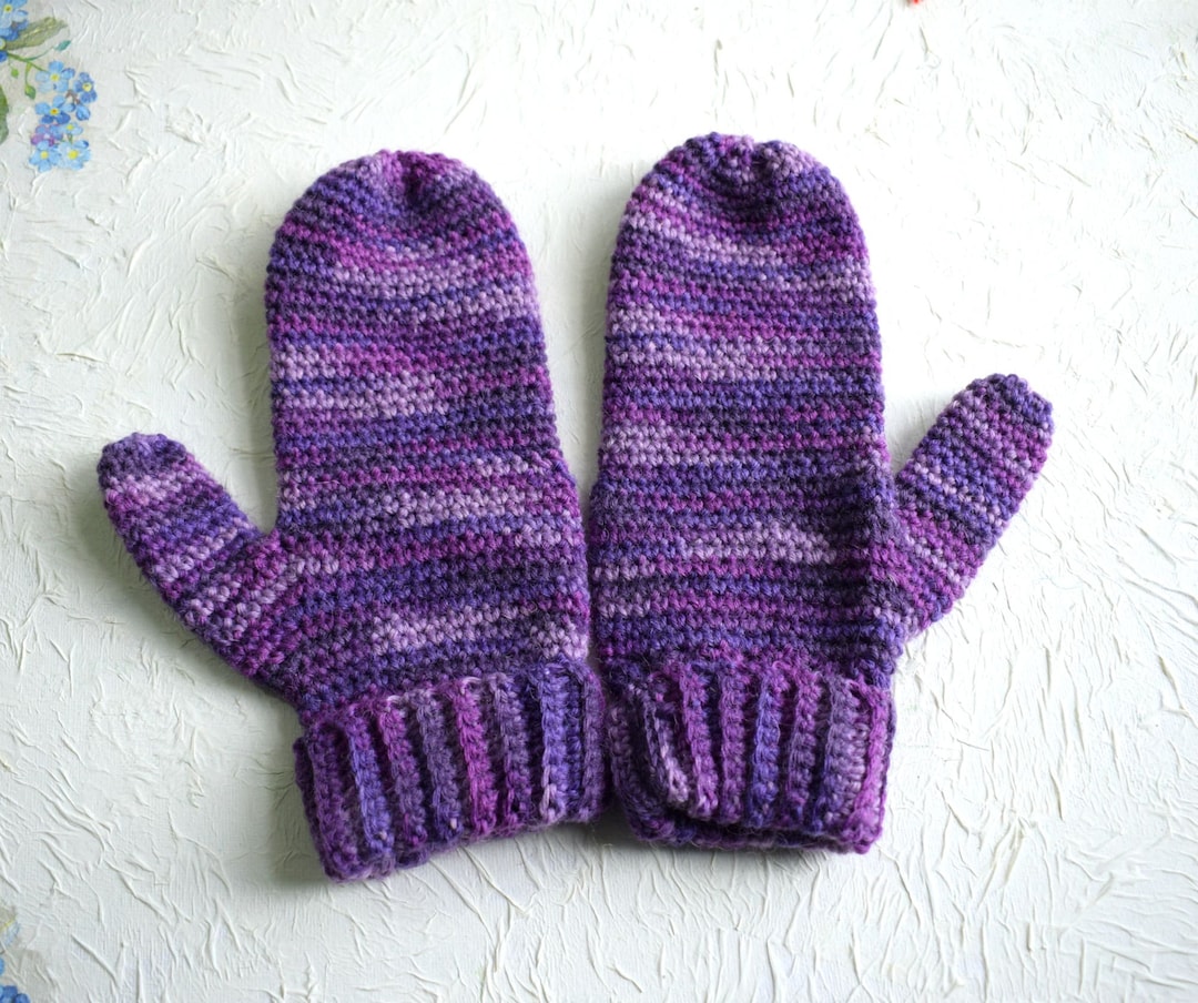 Purple Wool Crochet Mittens: Women's Winter Warm Gloves - Etsy