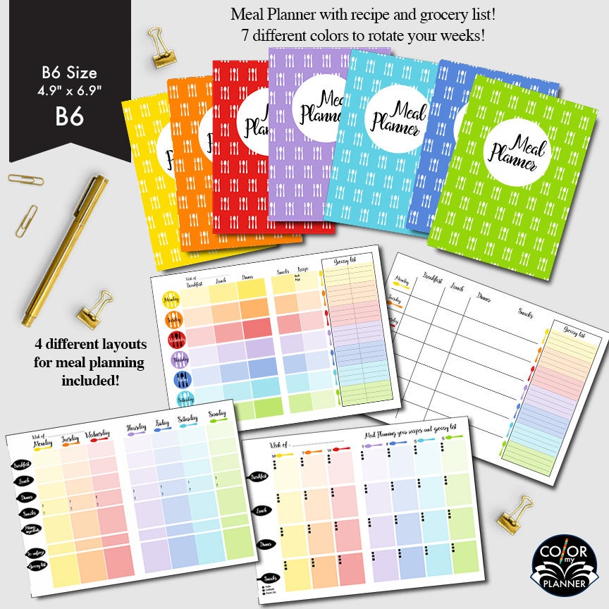B-6 Size Meal Planner Printable 4 Different Weekly Meal - Etsy