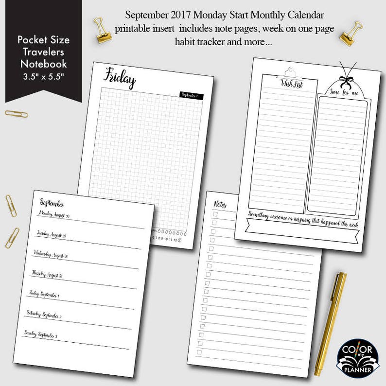 Pocket Size Monday Start Printable, Monday Start September 2017 Month ...