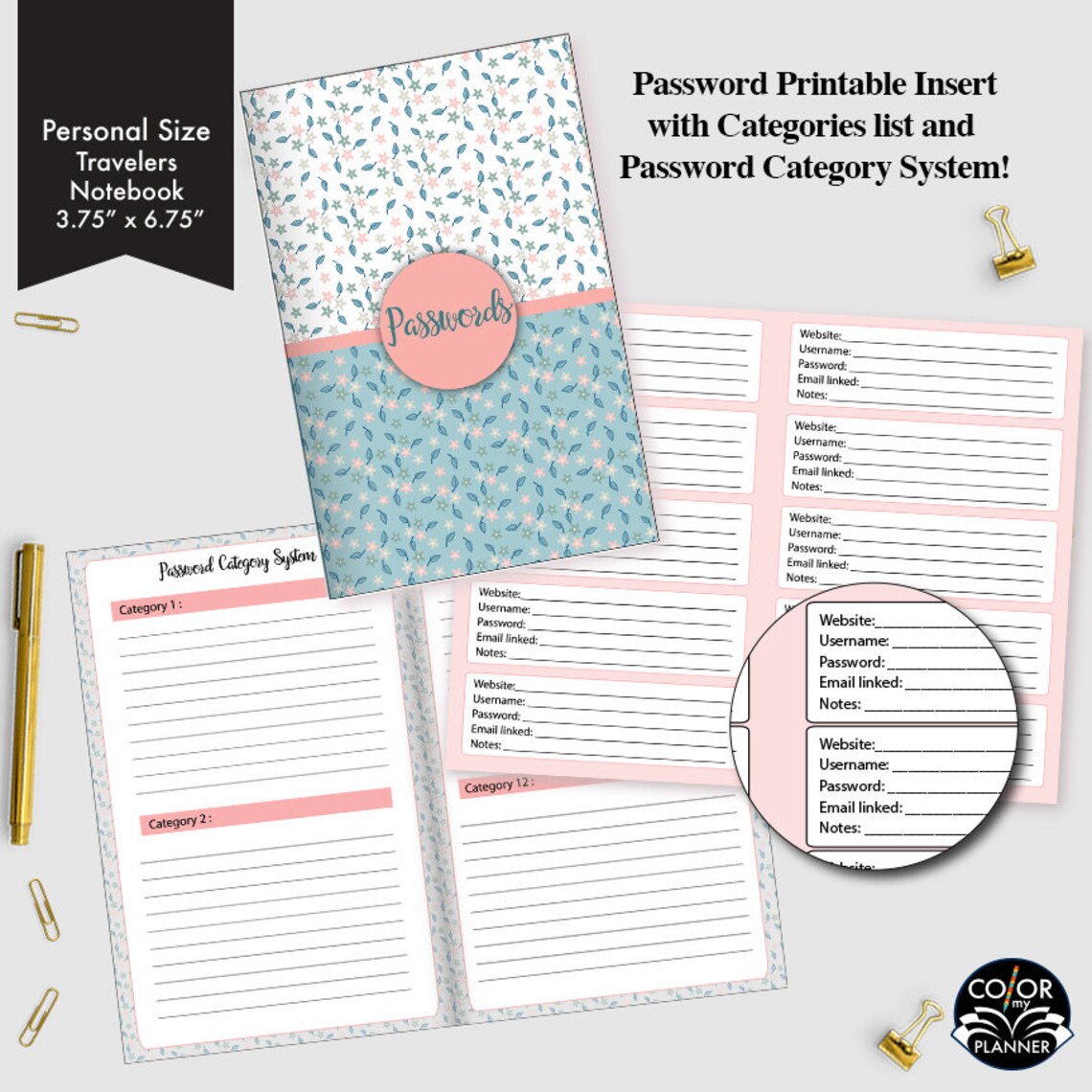 Personal Size Travelers Notebook Password Log, Printable, Password ...