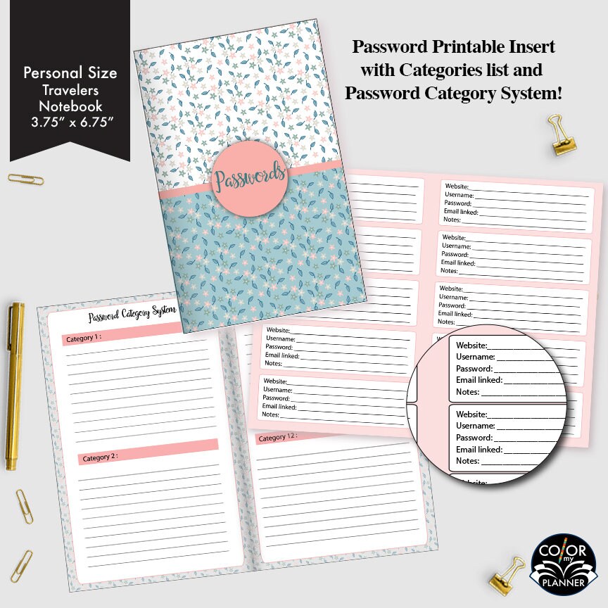Personal Size Travelers Notebook Password Log, Printable, Password ...