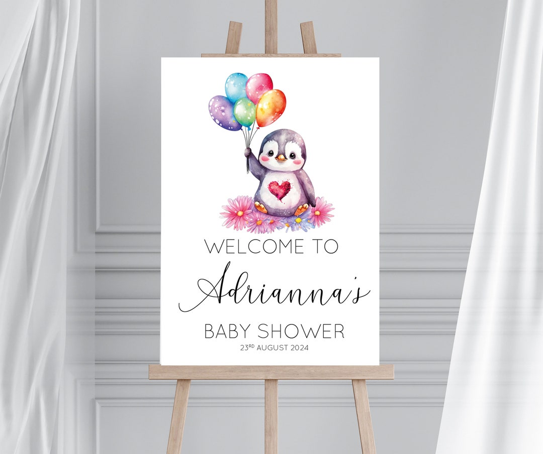 Cute Penguin Baby Shower Personalised Welcome Sign, Available as a ...