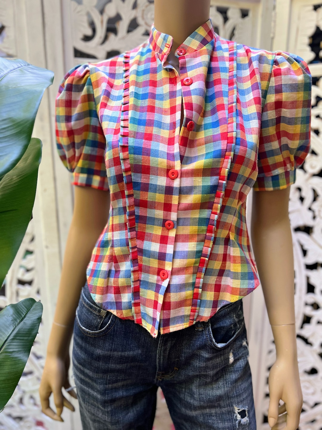 Vintage Early 80s Puff Sleeve Gingham Blouse Size S - Etsy