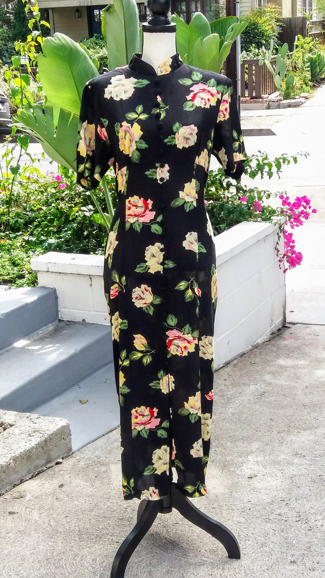 STUNNING 90's Rose Print Maxi Dress With Mandarin Collar, Fabric ...