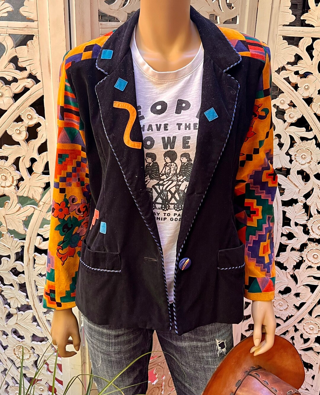 Rare Vintage 80s Western Style Multimedia Appliqué Velvet Blazer Size M ...