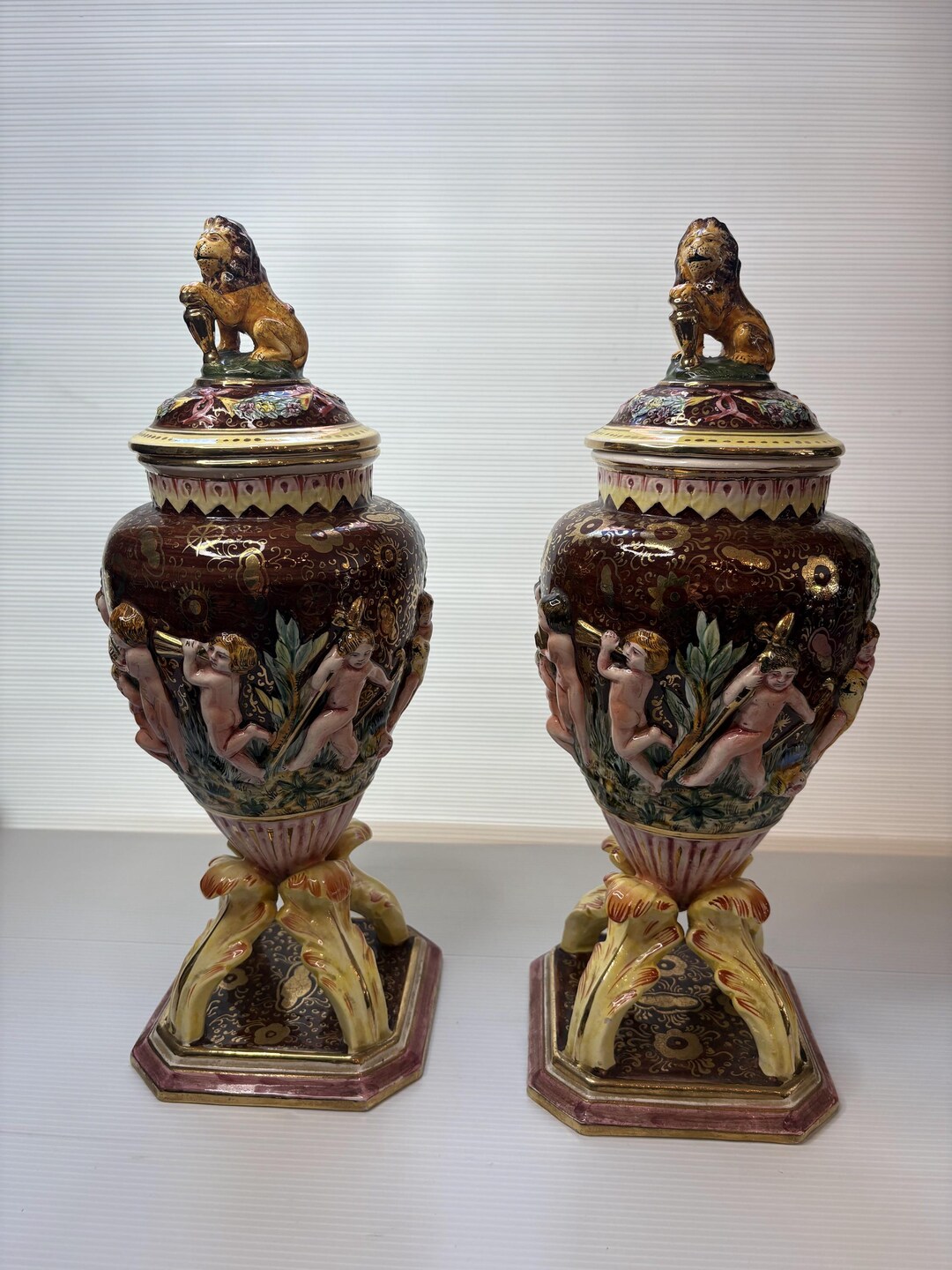 Set of Two Capodimonte Porcelain Urns Signed ITALY Relief Cherub Design ...