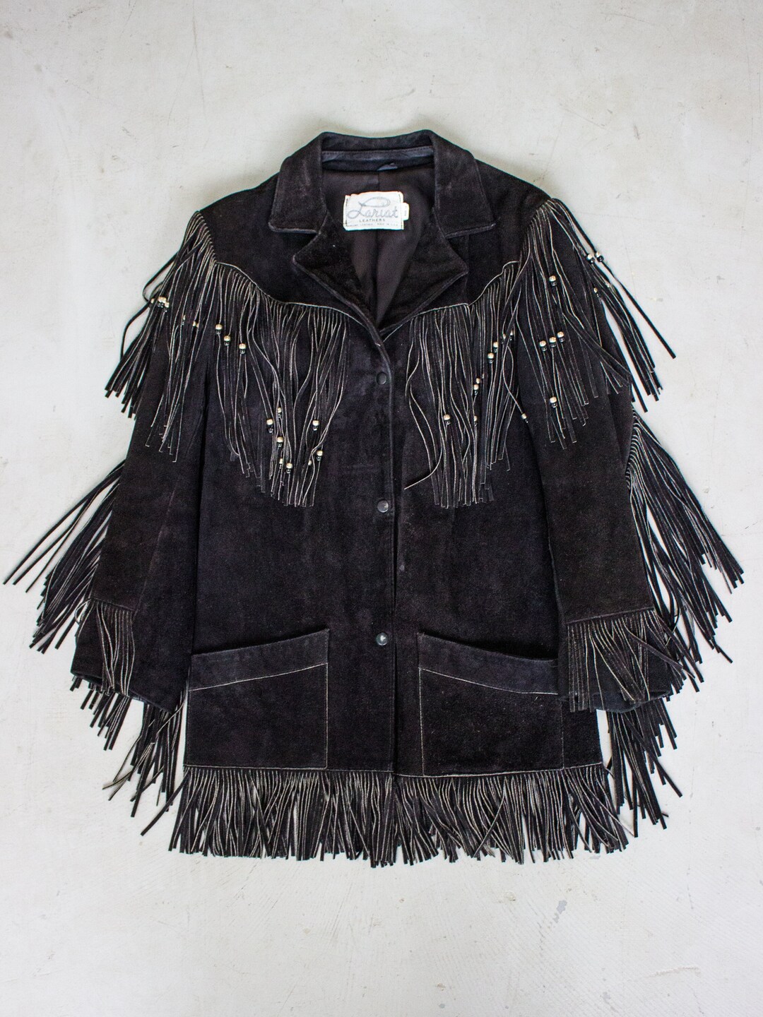 1970's Lariat Western Black Suede Beaded Fringe Jacket Made in USA men ...