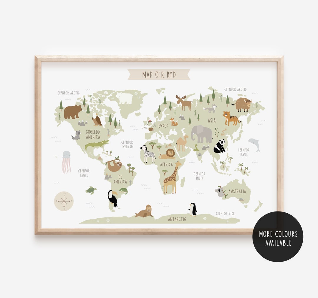 Map O'r Byd - Welsh World Map Print - Cymraeg - Map Anifeiliaid Y Byd ...