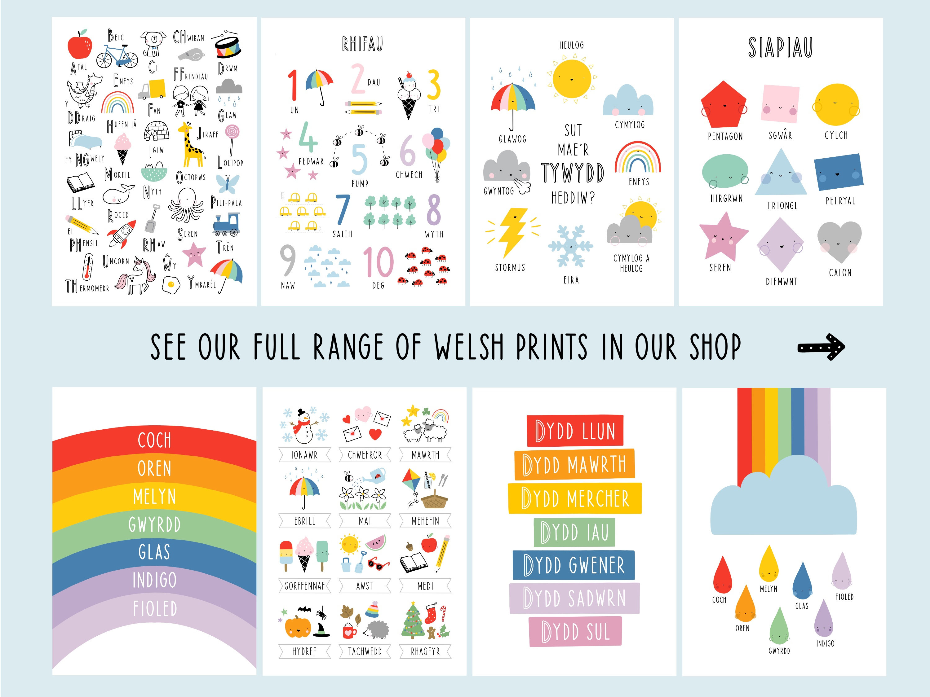 WELSH Colours of the Rainbow Welsh Nursery Wall Art Enfys | Etsy UK