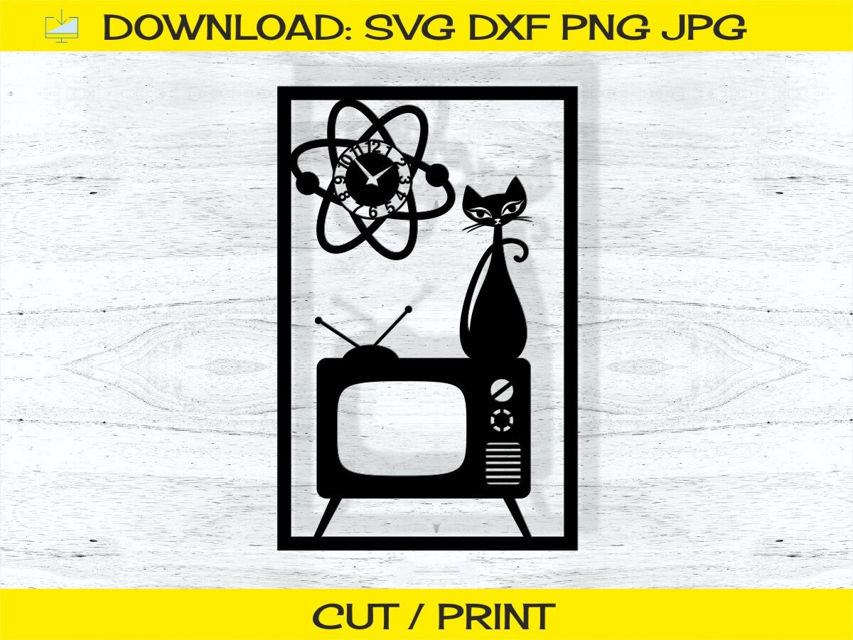 MCM Svg Dxf Png Files Atomic Cat TV Wall Clock Design Elements, Mid ...