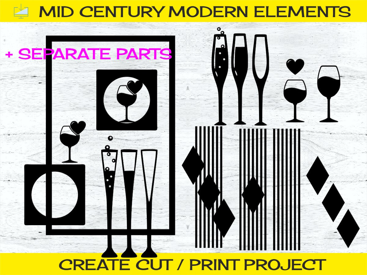 MCM Svg Dxf Files Atomic Era Drink Wine Glasses, Alcohol Bar Decor ...