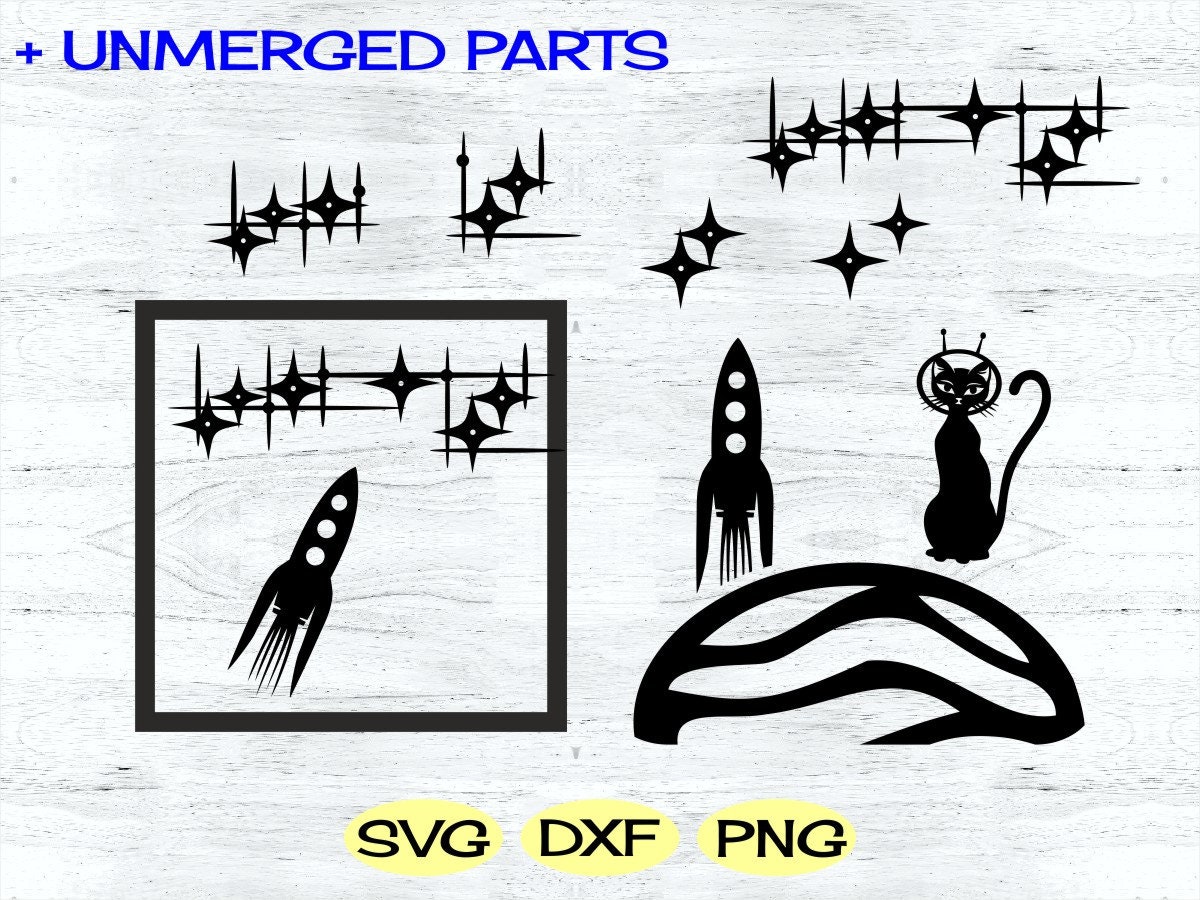 MCM Svg Dxf Files: Cat and Rocket on the Planet, Starbursts, Playroom ...