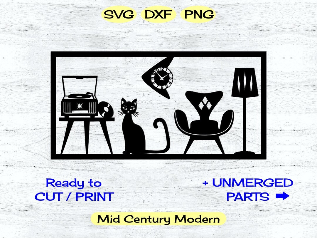 MCM Svg Dxf Files: Black Cat, Record Player, Room Decor in Mid-century ...