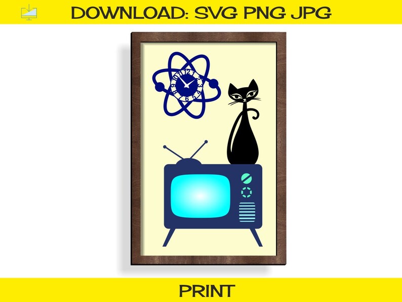 MCM Svg Dxf Png Files Atomic Cat TV Wall Clock Design Elements, Mid ...