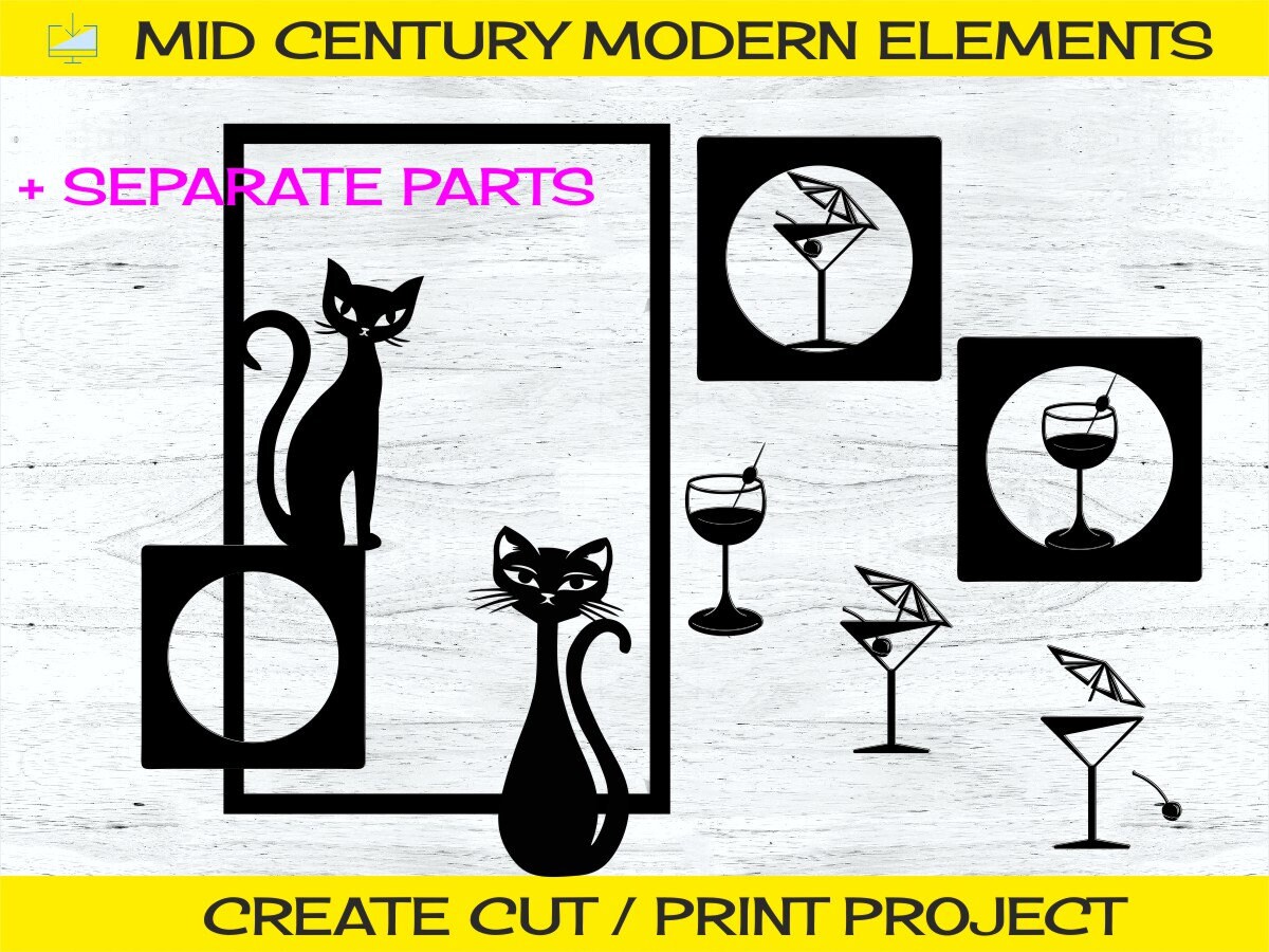 MCM Svg Dxf File Design Elements Two Cats Drink Wine & Cocktail, Mid ...