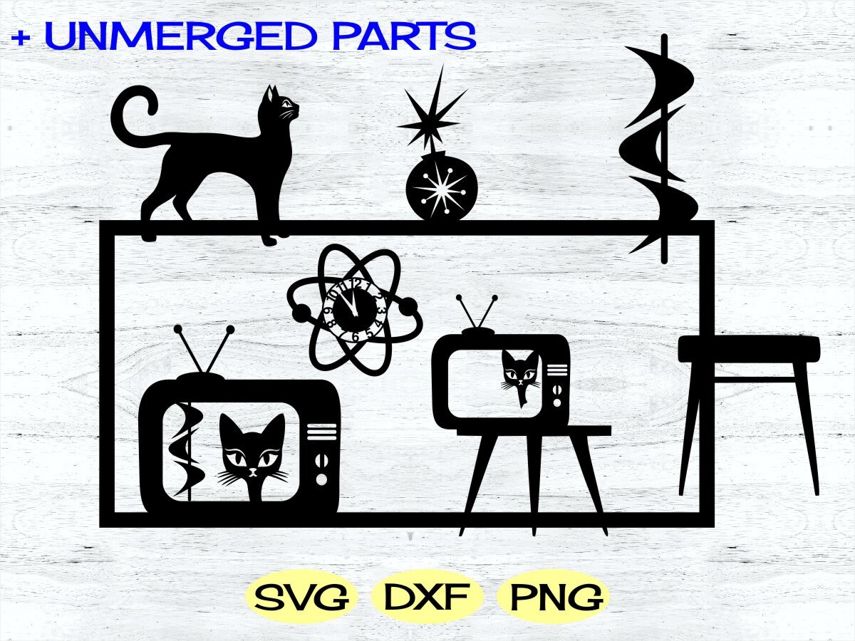 MCM Svg Dxf Files: Cat, News on the TV, Atomic Clock and Bomb, Mid ...
