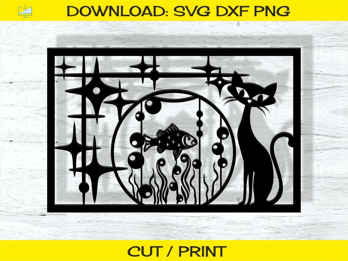 MCM Svg Dxf Files: Starbursts Cat and Aquarium With Fish Room - Etsy