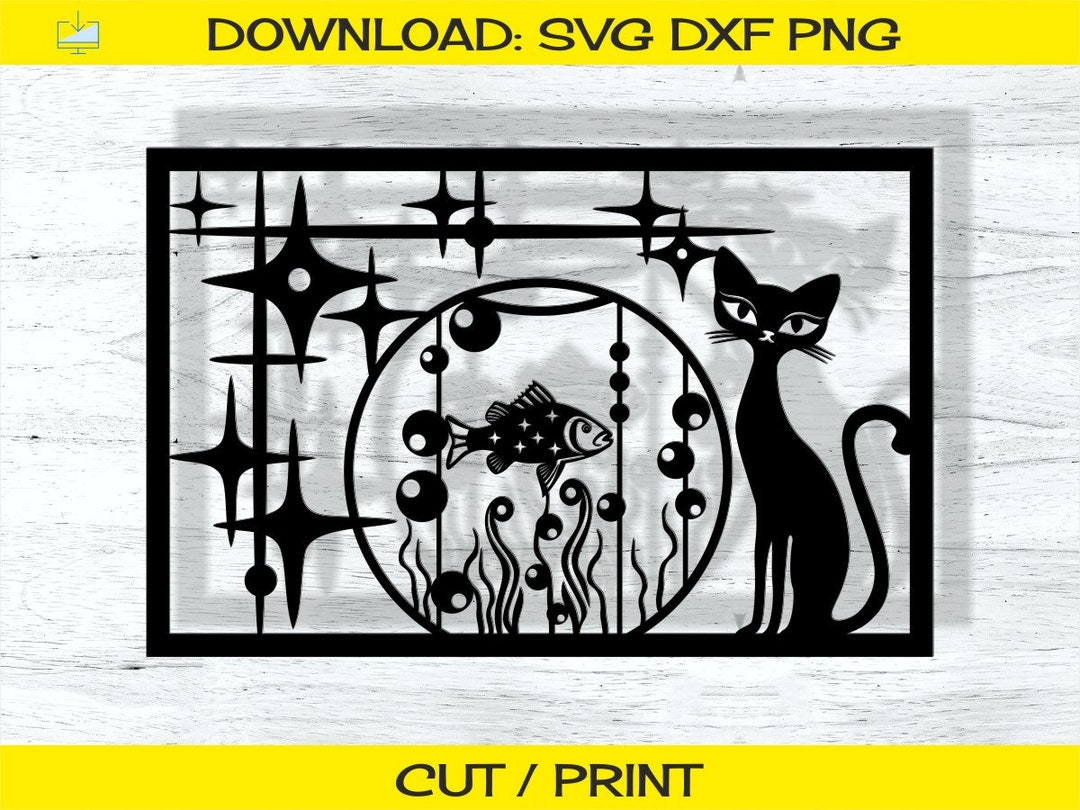 MCM Svg Dxf Files: Starbursts, Cat and Aquarium With Fish Room Decor ...