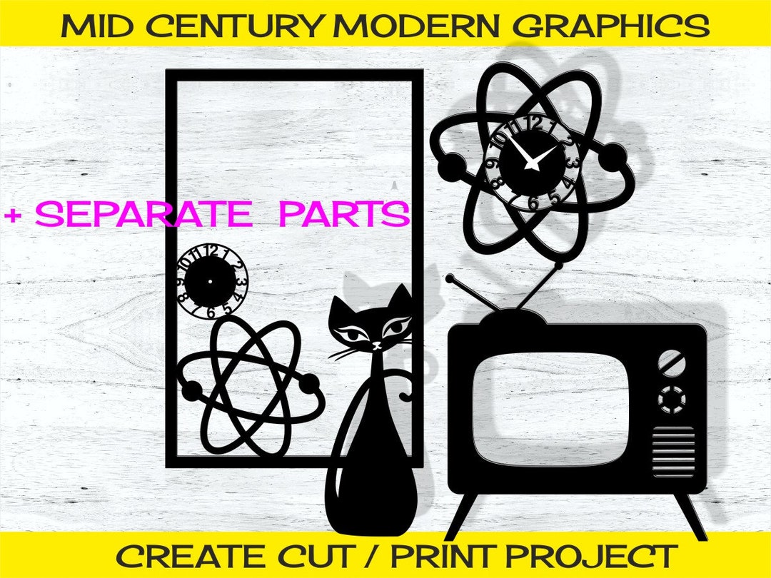 MCM Svg Dxf Png Files Atomic Cat TV Wall Clock Design Elements, Mid ...