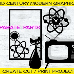MCM Svg Dxf Png Files Atomic Cat TV Wall Clock Design Elements, Mid ...