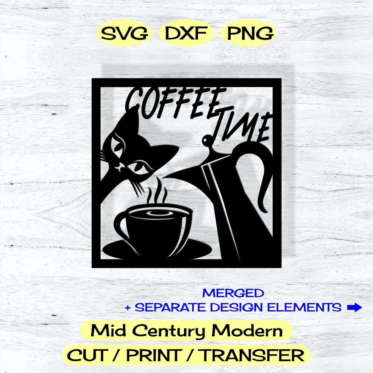 Mid-century Modern Svg Dxf Files: Peeking Cute Kitty Coffee Time, MCM ...