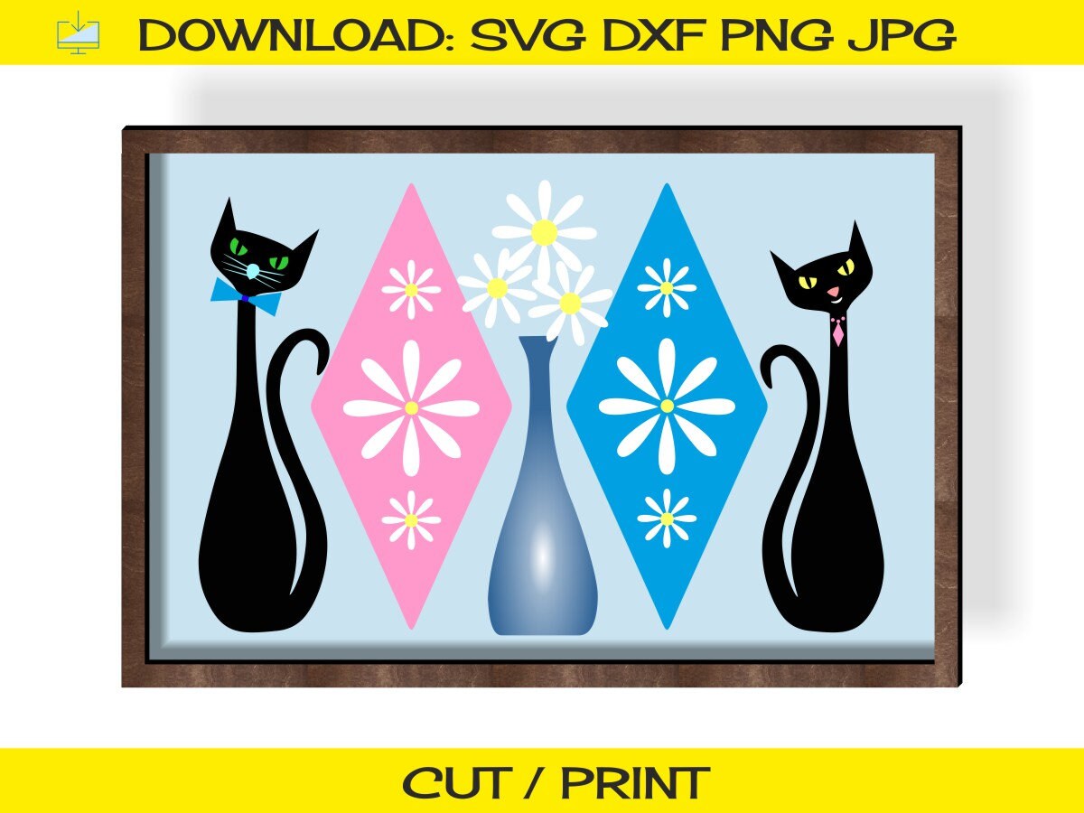 MCM Cats Family Couple in Love Geometric Wall Art Panel - Etsy