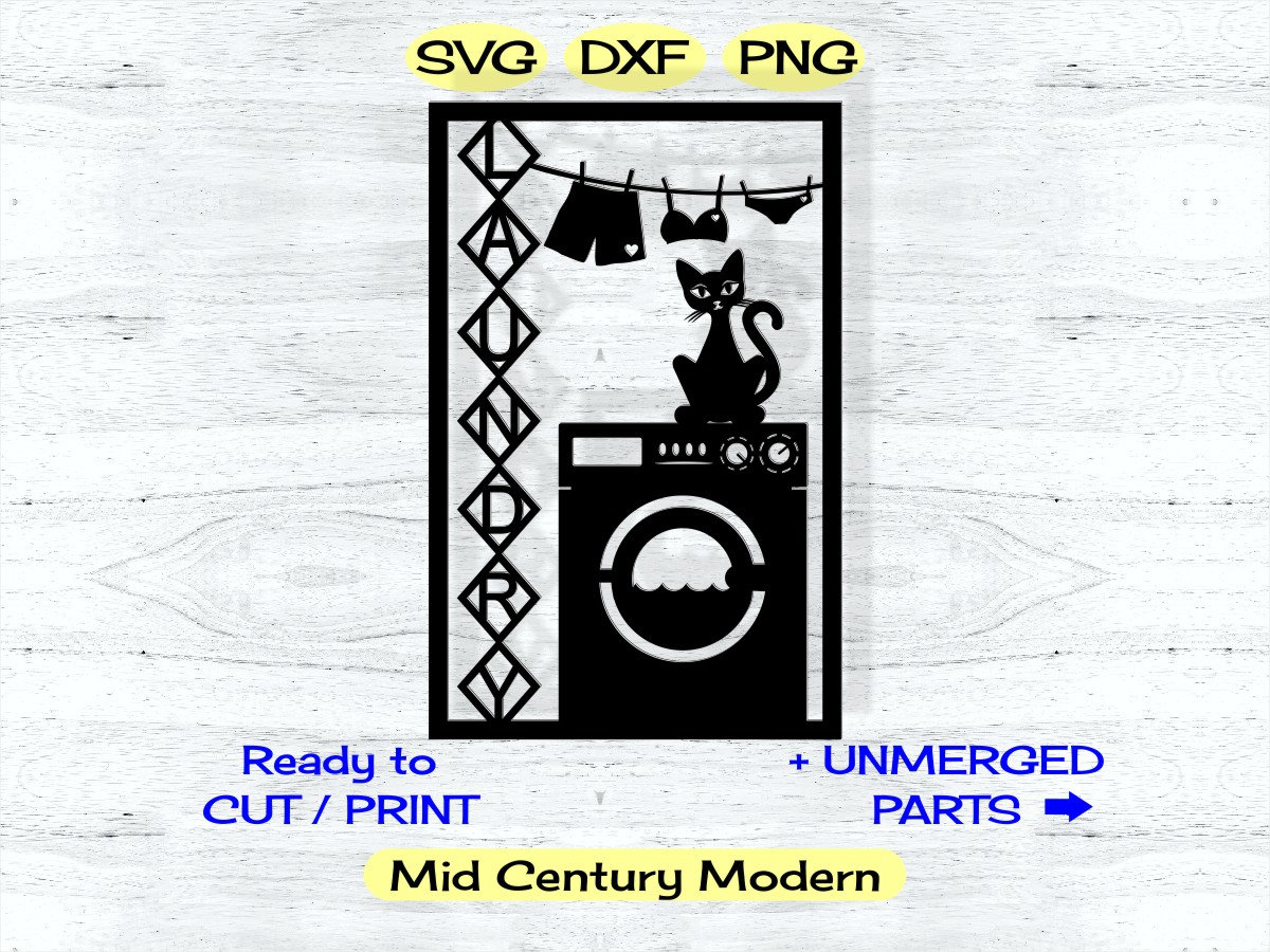 MCM Svg Dxf Files: Laundry and Cat, Laundromat Decor, Wall Art Panel ...