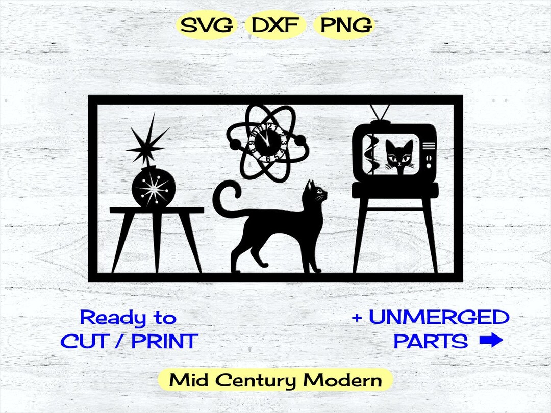 MCM Svg Dxf Files: Cat, News on the TV, Atomic Clock and Bomb, Mid ...
