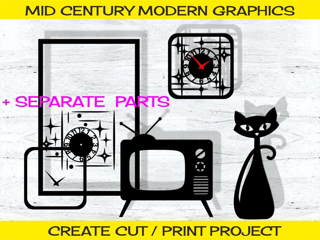 MCM Svg-dxf Files Black Cat TV Wall Clock Design Elements - Etsy