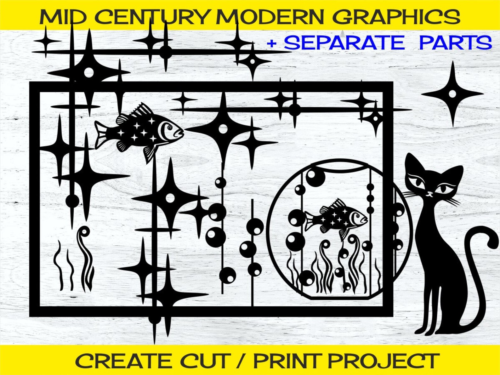 MCM Svg Dxf Files: Starbursts, Cat and Aquarium With Fish Room Decor ...