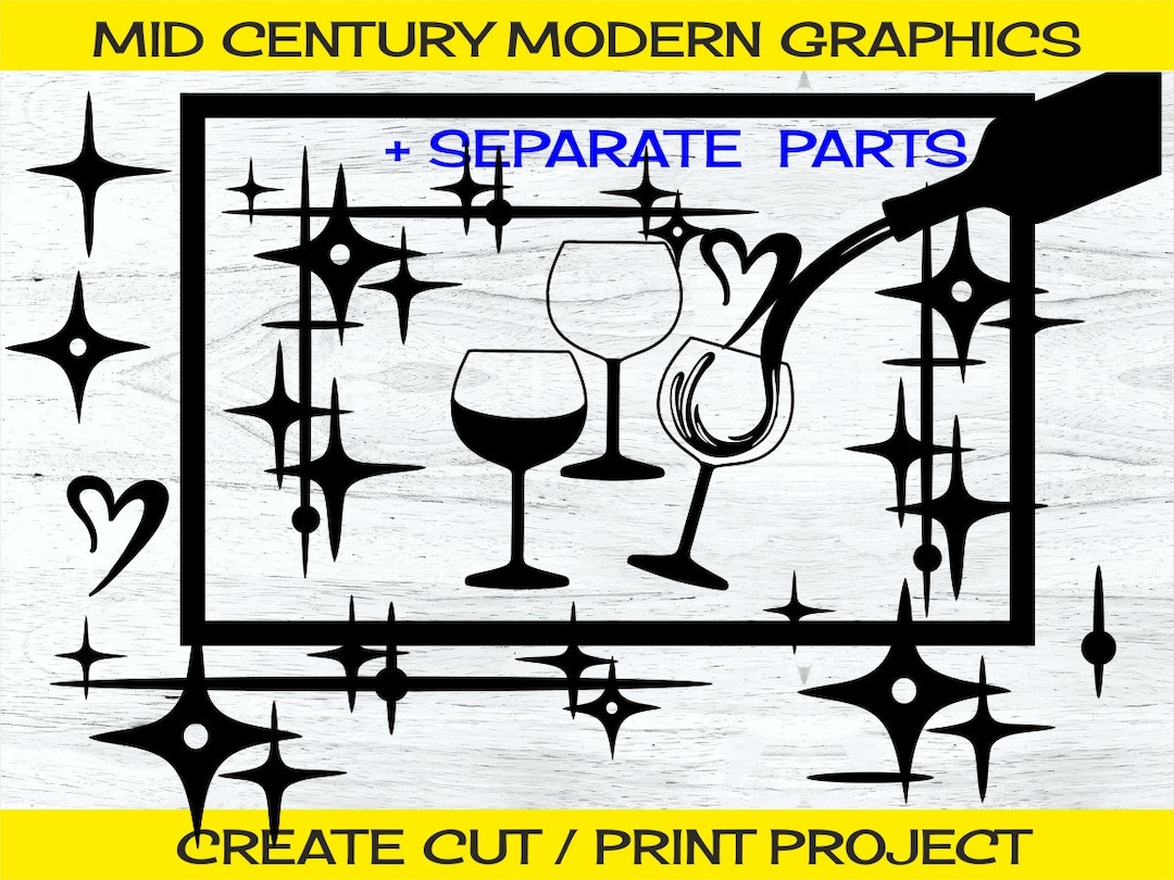 MCM Svg Dxf File Design Elements Wine Glass, Bottle, Retro Art DIY ...