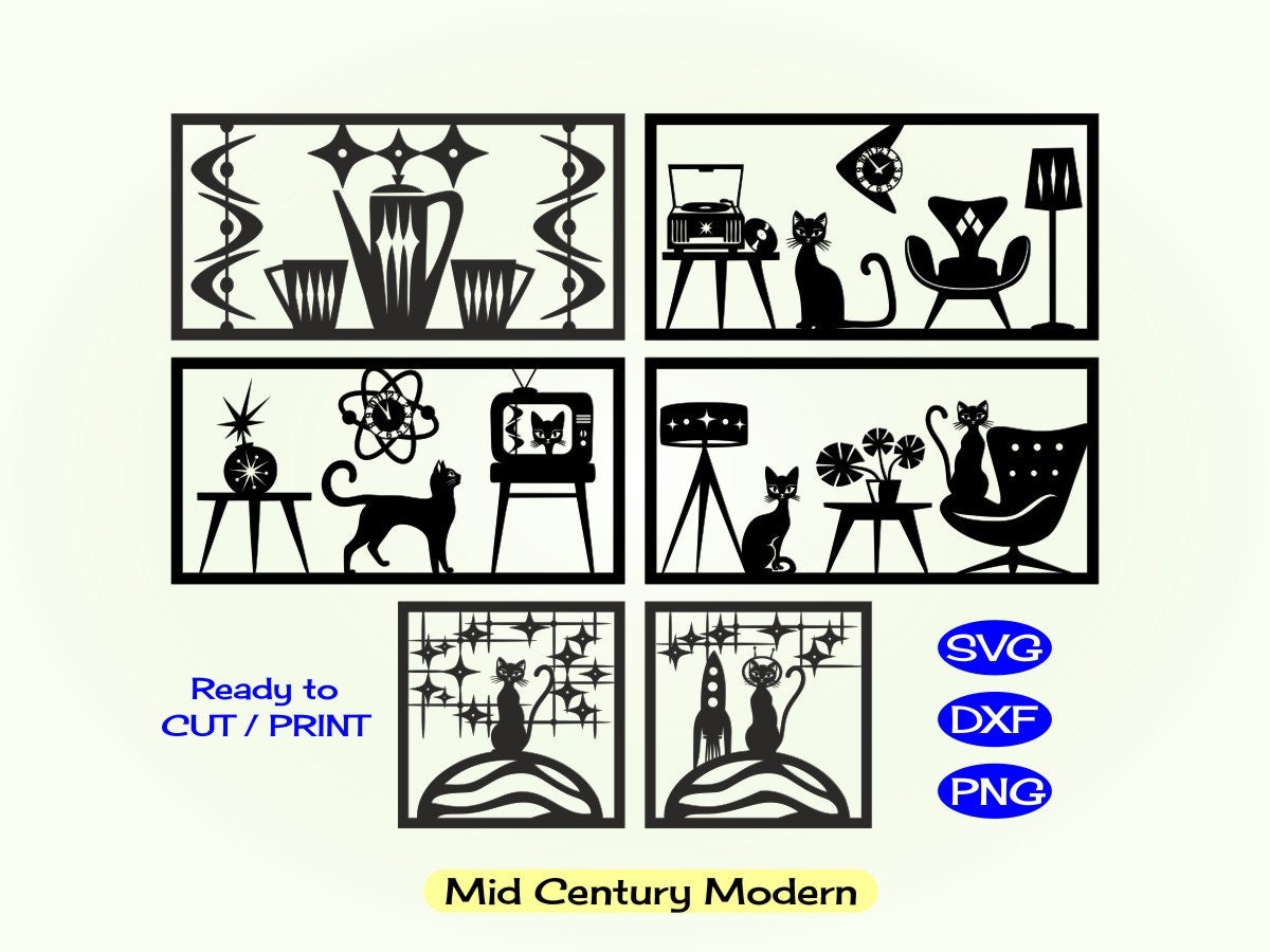 MCM Art Panels Bundle: Home Wall Decor With Atomic Cats, Mid-century ...