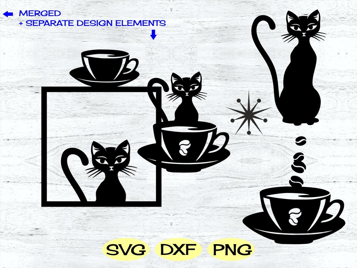 Mid-century Modern Svg Dxf Files: Caffeine and Cat, I Love Coffee Art ...
