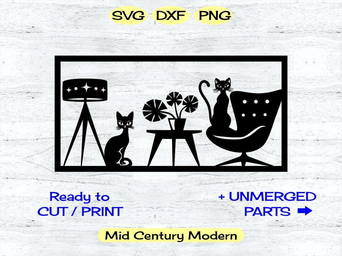 MCM Svg Dxf Files: Black Cats Family, Flowers, Love, Room Decor in Mid ...
