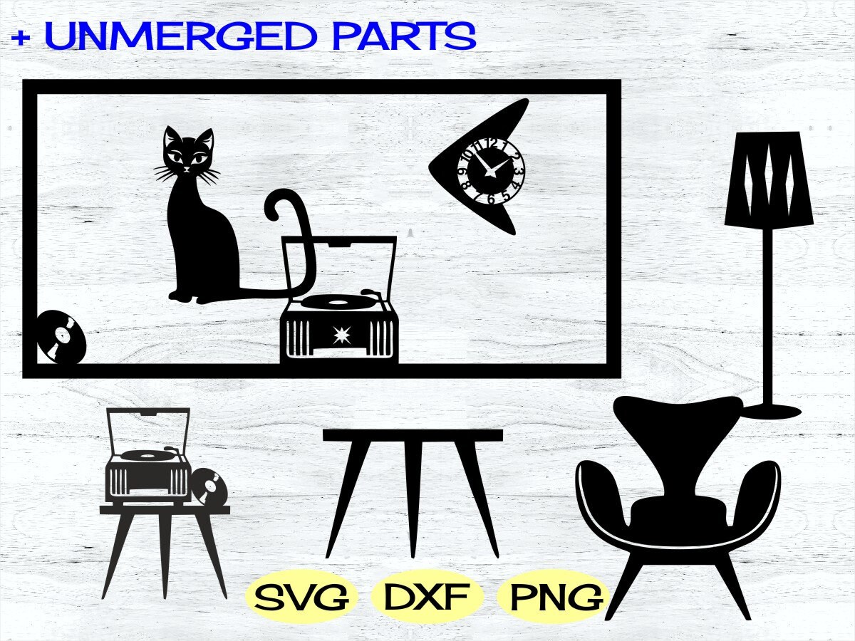 MCM Svg Dxf Files: Black Cat, Record Player, Room Decor in Mid-century ...