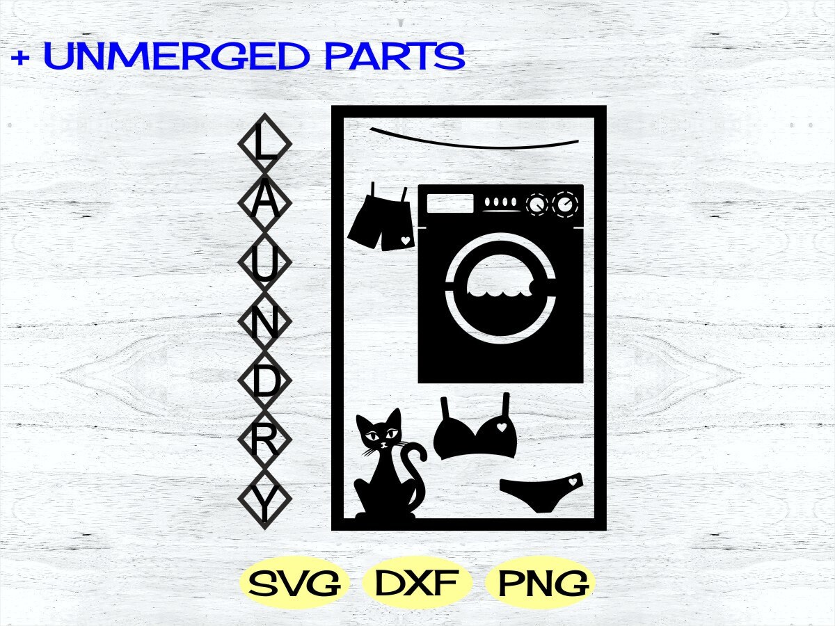 MCM Svg Dxf Files: Laundry and Cat, Laundromat Decor, Wall Art Panel ...
