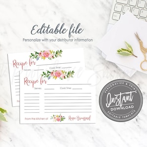 Editable Recipe Card, Printable Pink Blue Floral Recipe Card, Bridal ...