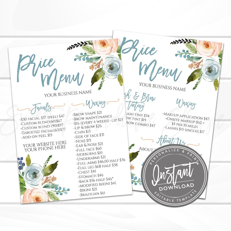 Editable Price Menu Template, Salon Price List, Printable Price Guide ...