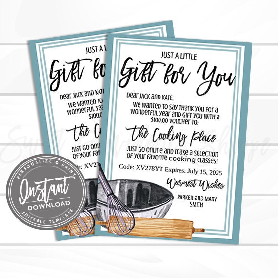 Editable Cooking Class Gift Certificate, Cooking Gift Card Letter ...